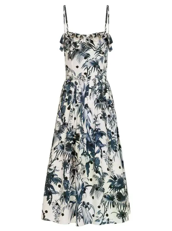 Oscar De La Renta Sleeveless Cotton Poplin Dress With Palm Leaf Print - Neutrals