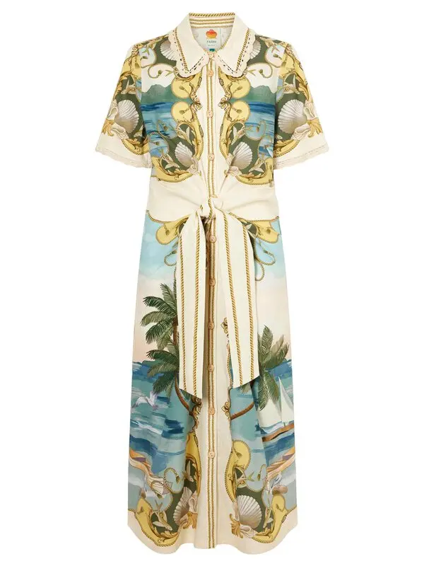 Farm Rio Royal Sea Tie-detailed Lace-trimmed Printed Linen-blend Midi Dress - Multi