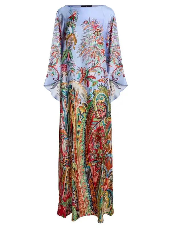 Etro Long Twill Dress With Placed Paisley Foliage Print - Blue