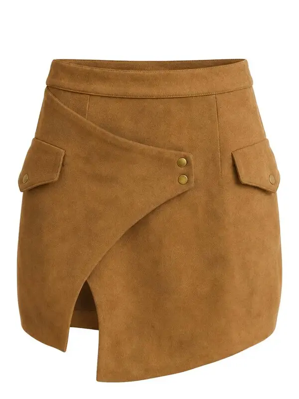 LUROQ LONDON Faux Suede Wrap Mini Skirt With Oversized Pockets - Brown