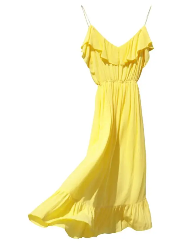 2KSTYLE Amalia Ruffled Spaghetti Straps Viscose Midi Dress - Yellow
