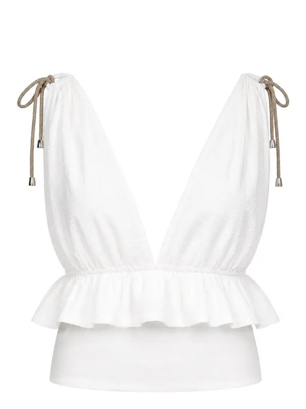 GUNDA HAFNER LTD Sleeveless Seersucker Top With Ruffle Detail - White