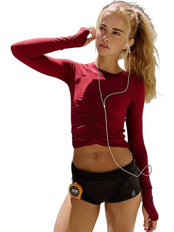 Free People Tempo Ruched Uv Protection Long Sleeve Top - Brick