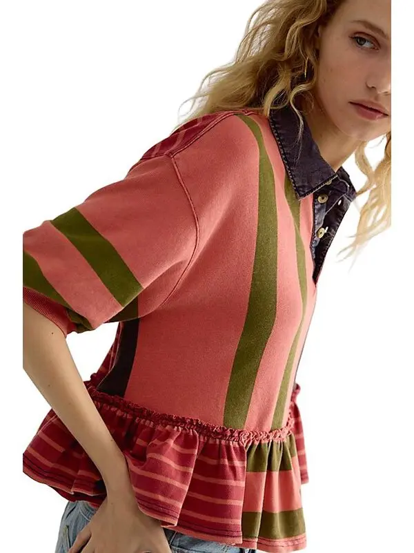 Free People Striped Peplum Top With Ruffle Trim - Pink Combo