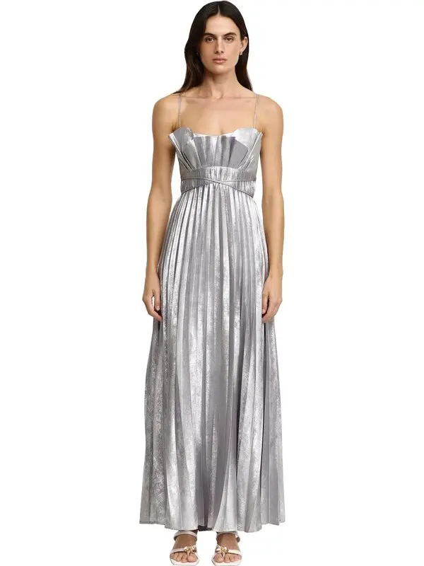 Acler Kelsale Maxi Dress Metallic Pleated Gown - Silver Metallic