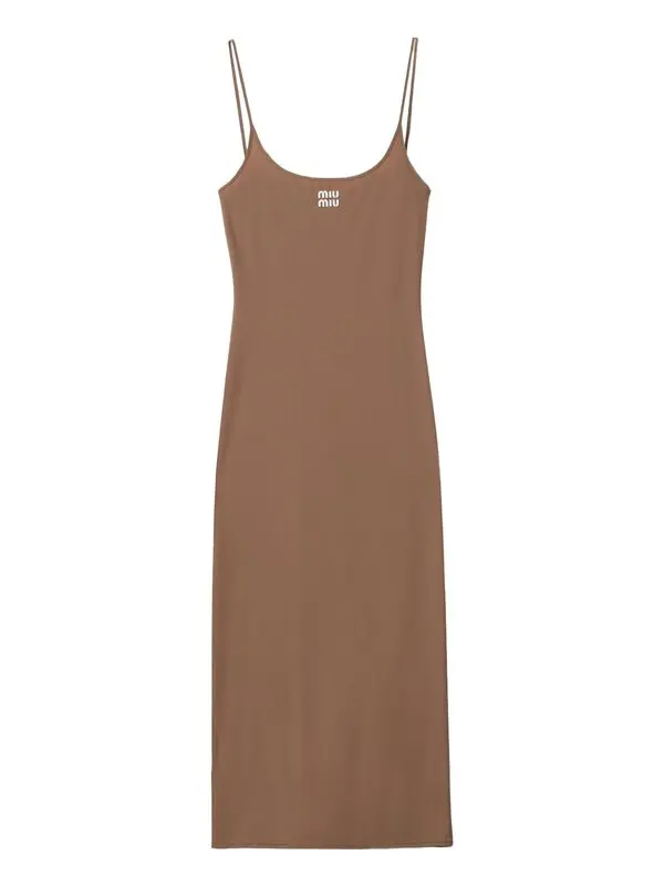 Miu Miu Sleeveless Square Neck Stretch Jersey Midi Dress - Khaki