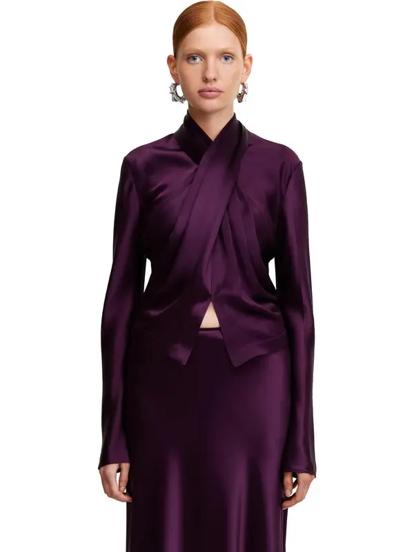 Acler Soroba Top Draped Crossover Satin Blouse - Fig