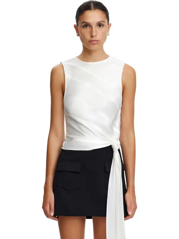 Acler Sleeveless Satin Top With Asymmetric Detailing And Hem Tie - Ivory