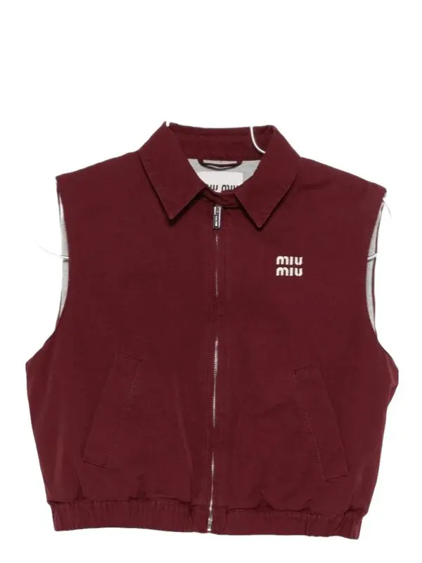 Miu Miu Logo Embroidered Zipped Gilet - Brown