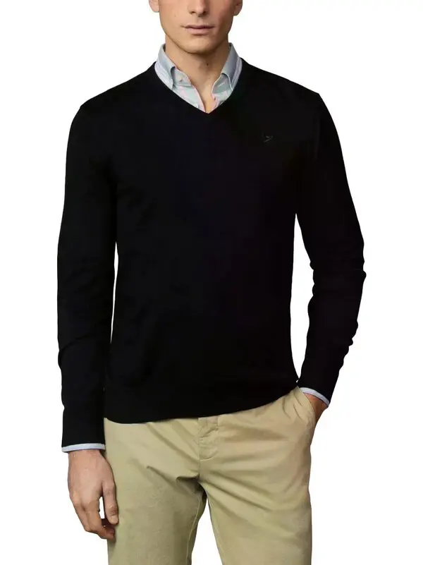 HACKETT LONDON Embroidered Logo V-neck Cotton Jumper - Black