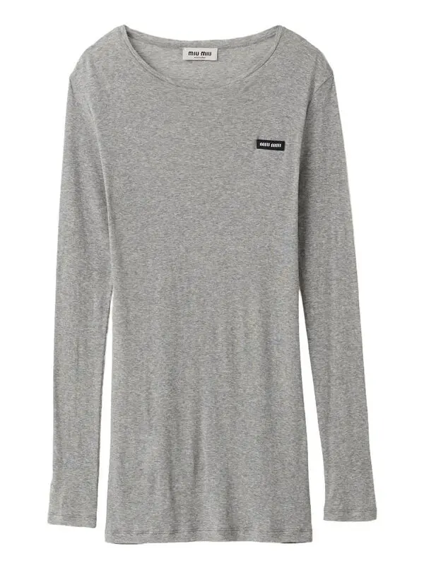 Miu Miu Ribbed Knit Jersey Dress With Logo Patch - Grey