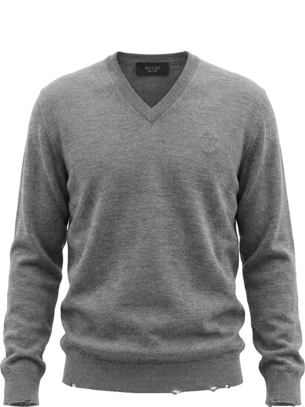 Gucci V-neck Knitted Sweater With Embroidered Crest - Grey