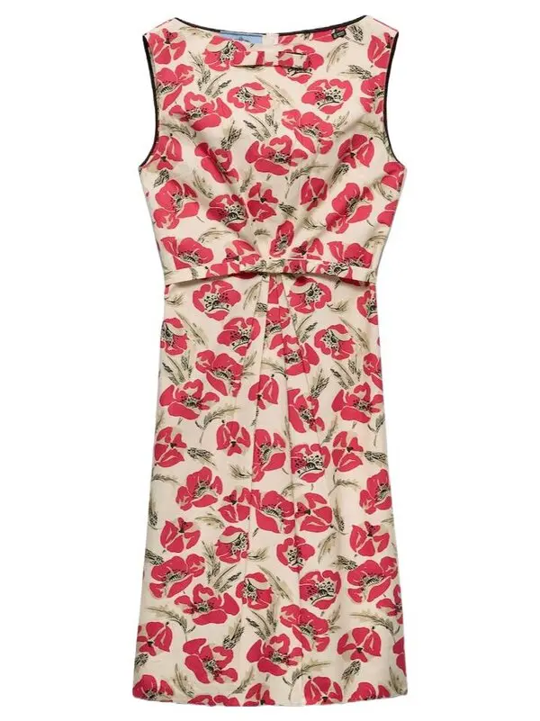 Prada Printed Soft Poplin Dress With Bow Detail - Red