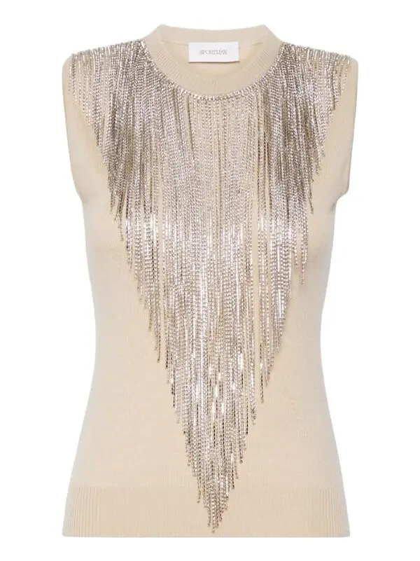Sportmax Sleeveless Crewneck Top With Rhinestone Fringe - Beige