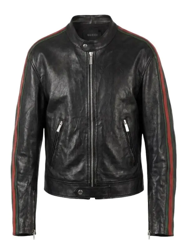Gucci Buffalo Leather Biker Jacket With Web Detail - Black
