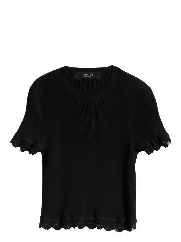 Gucci Fine Matte Viscose Ribbed Top With Lace Trim - Black