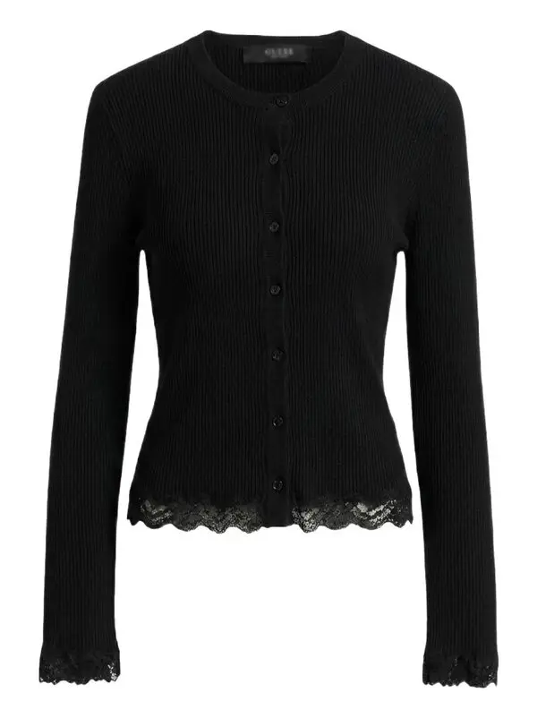 Gucci Fine Matte Viscose Rib Cardigan With Lace Detail - Black