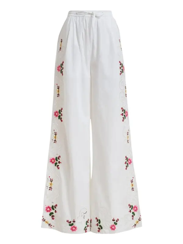 Essentiel Antwerp Drawstring Wide-leg Pants With Floral Embroidery - White