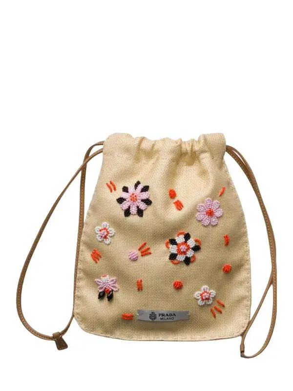 Prada Embroidered Drawstring Clutch - Tan/red