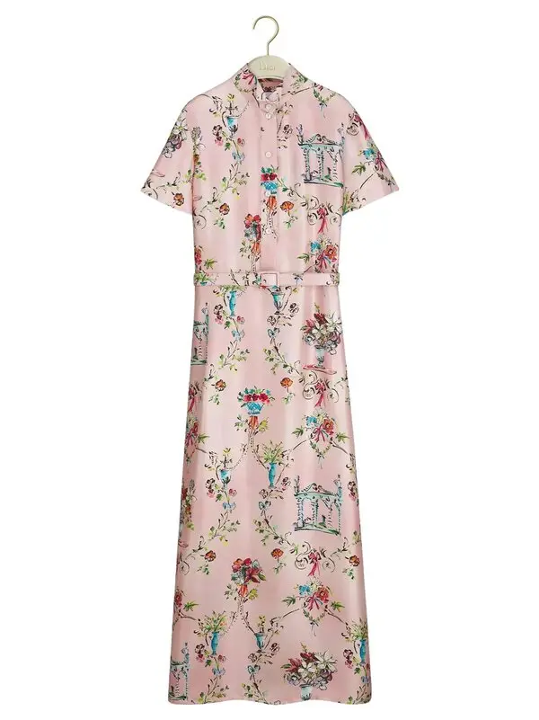 Dior Short-sleeved Printed Maxi Dress With Belt - Pink