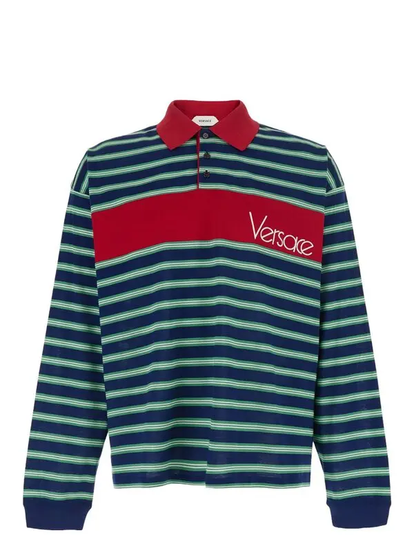Versace Logo-detail Striped Long-sleeve Polo Shirt - Blue