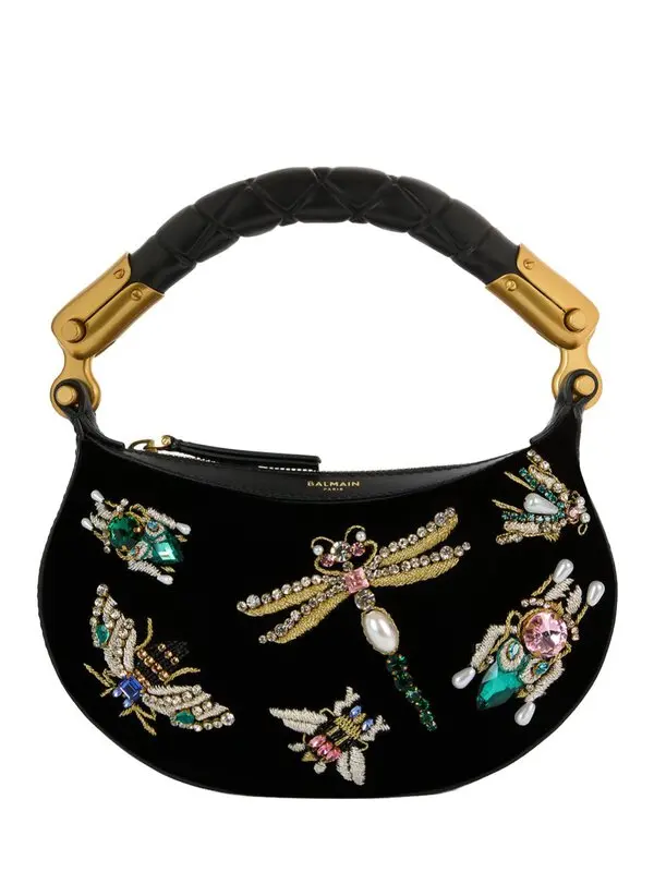 Balmain Mini Ebene Embroidered Velvet Bag - Black