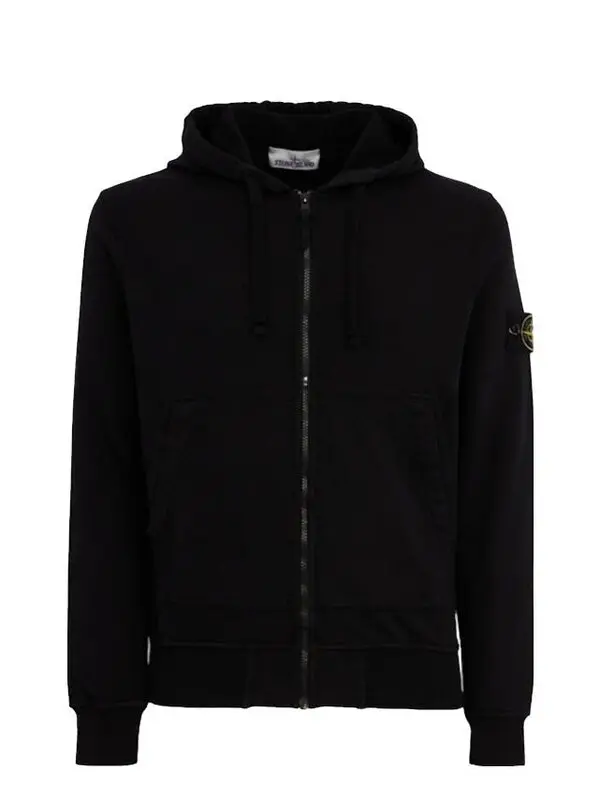 Stone Island Logo Cotton Zip Hoodie - Black