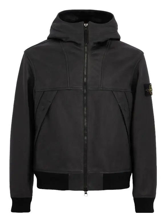 Stone Island Leather Zip-up Hooded Jacket - Black