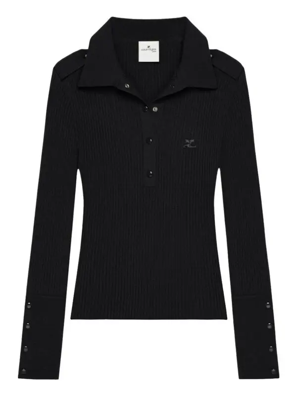 COURREGES Courrèges Ribbed Knit Polo Top With Buttoned Cuffs - Black