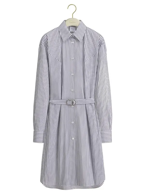 Dior Striped Shirtdress With Belted Waist - Gray