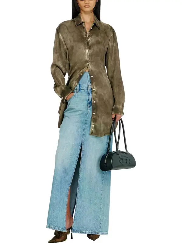 DIESEL® Long Shirt In Logo-jacquard Crinkled Satin - Brown