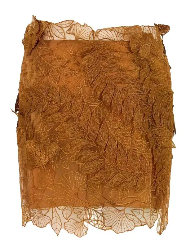 Alberta Ferretti Embroidered Lace Mini Skirt - Brown