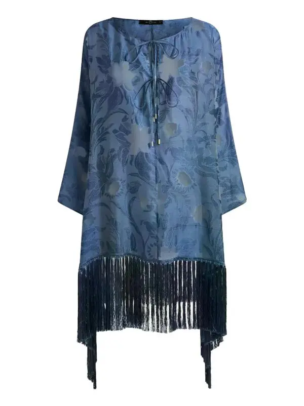 Etro Silk Jacquard Kaftan With Fil Coupé Floral Motif And Fringing - Blue