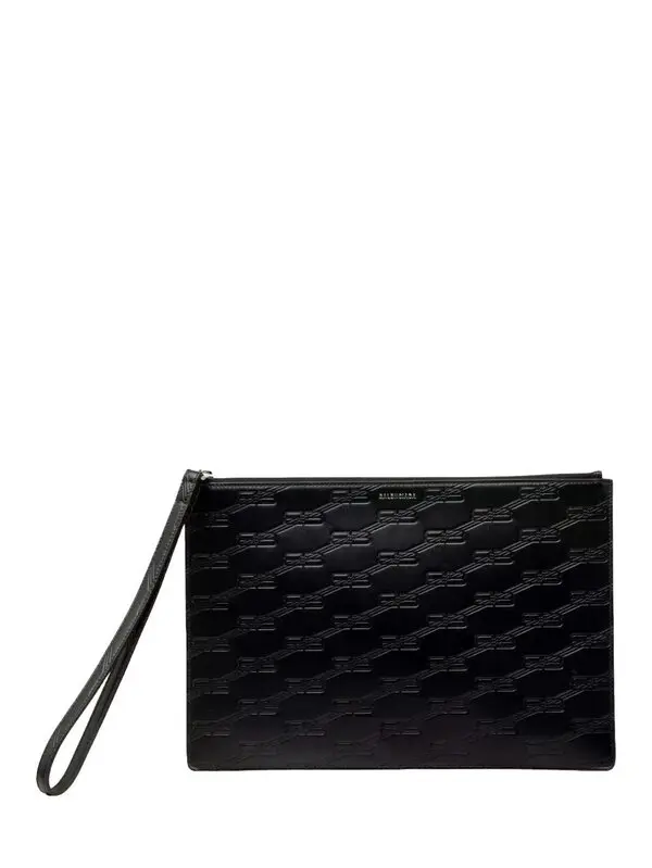 Balenciaga Bb Monogram Embossed Leather Wristlet Clutch Bag - Black