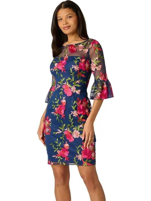 Adrianna Papell Petite Floral Embroidered Illusion Sheath Dress - Navy/pink Multi