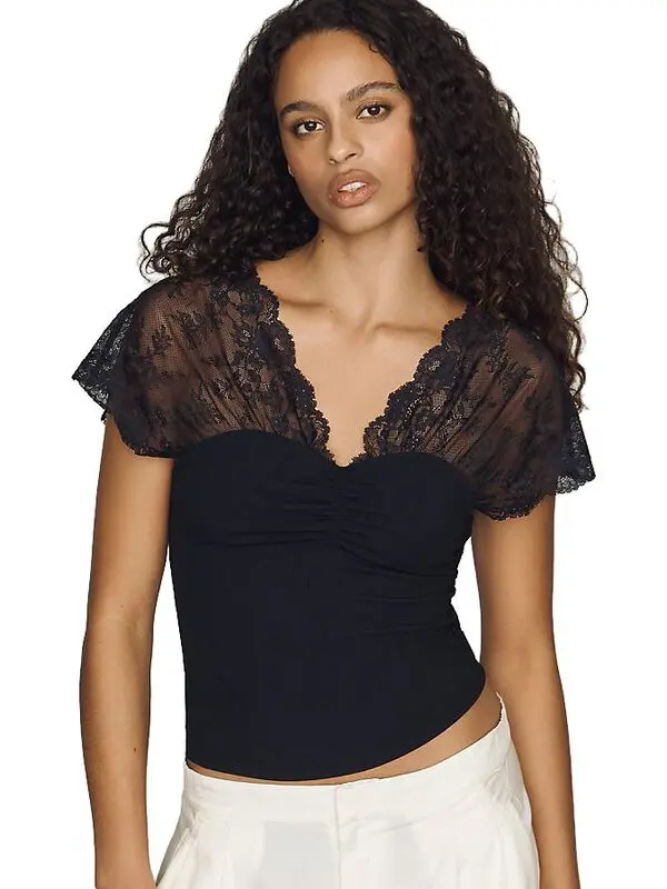 Anthropologie Lace Cap-sleeve Sweetheart Neckline Top - Black