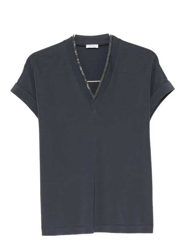 Brunello Cucinelli V-neck T-shirt With Monili Trim - Multicolor