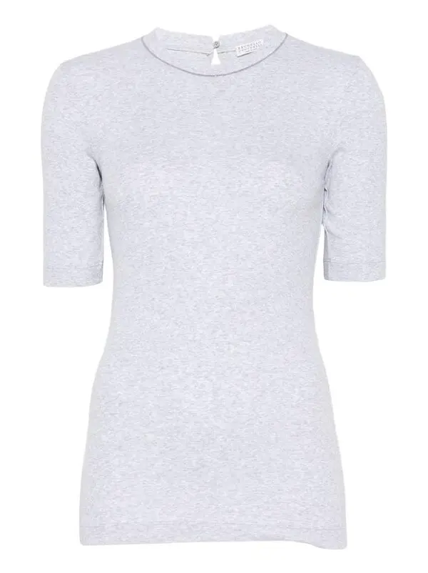 Brunello Cucinelli Grey Cotton Crewneck Sweater With Monili-trim Collar - Multicolor