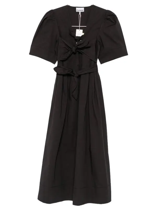 GANNI Black Organic Cotton Midi Dress With Bow Detail - Multicolor