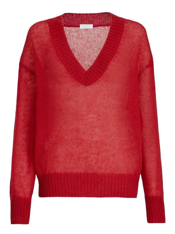 Brunello Cucinelli Red Ribbed Knit V-neck Jumper - Multicolor