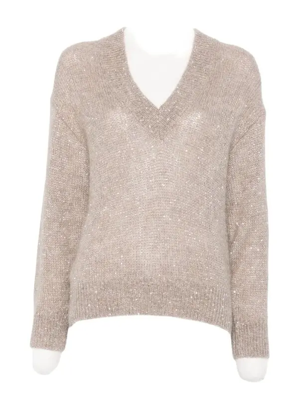 Brunello Cucinelli V-neck Sequin Embellished Wool Blend Sweater - Multicolor