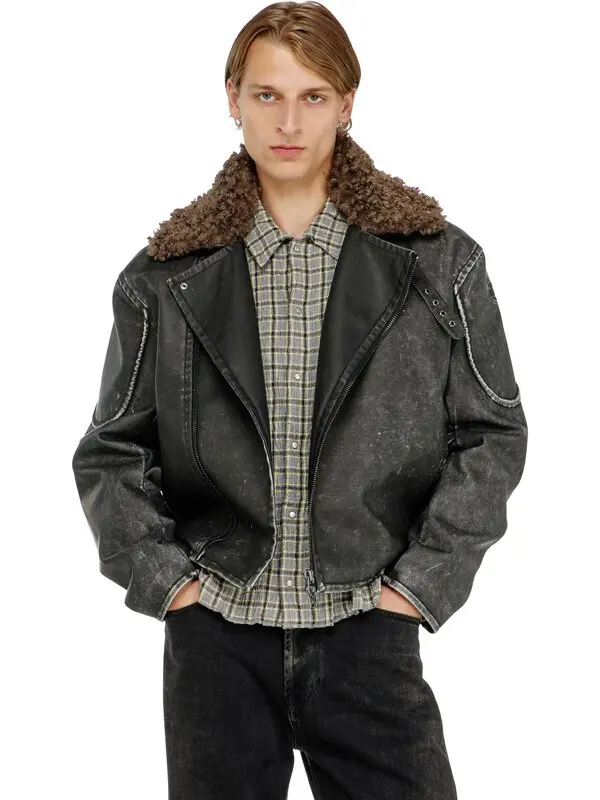 DIESEL® Biker Jacket With Detachable Fuzzy Collar - Grey