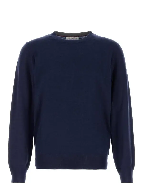 Brunello Cucinelli Navy Cashmere Blend Crew Neck Sweater - Blue