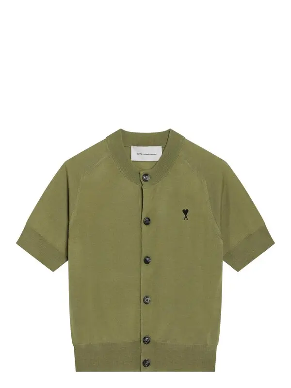 AMI Paris Wool Cardigan With De Coeur Embroidery - Green