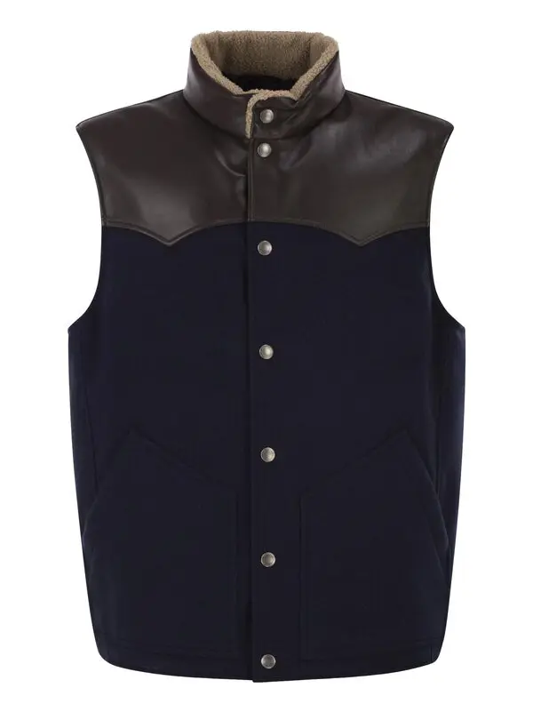 Brunello Cucinelli Wool Padded Gilet With Leather Trims And Shearling Collar - Multicolor