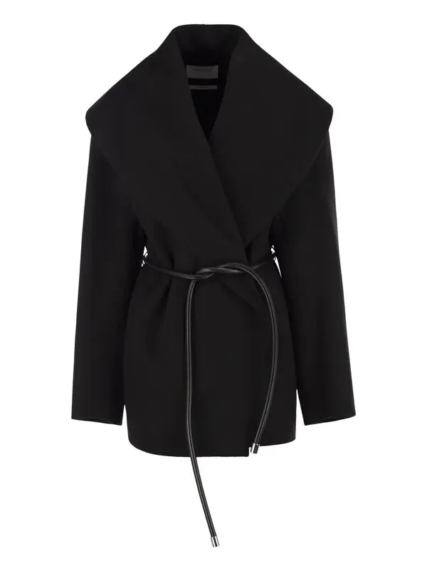 Sportmax Virgin Wool Wrap Short Coat With Shawl Collar - Black