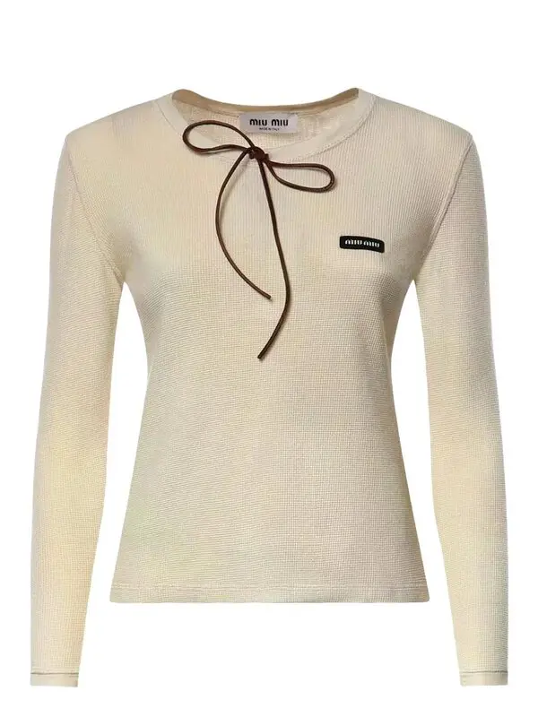 Miu Miu Cotton Waffle-knit Long-sleeve T-shirt With Bow Detail - Neutrals