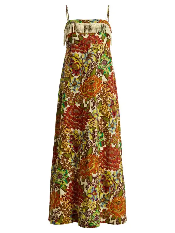 ALEMAIS Lana Fringed Floral Linen Midi Dress - Multi