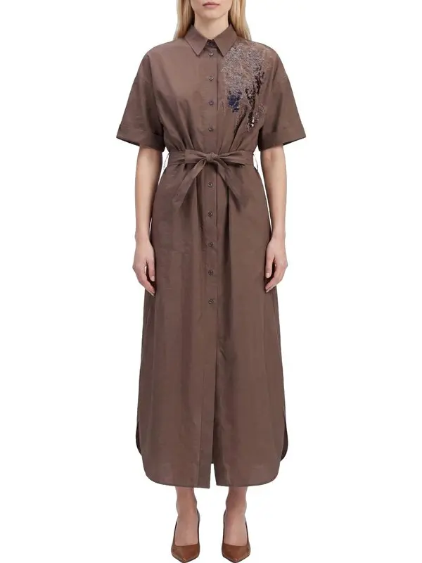 Brunello Cucinelli Cotton Midi Shirtdress With Tie-waist Belt - Brown