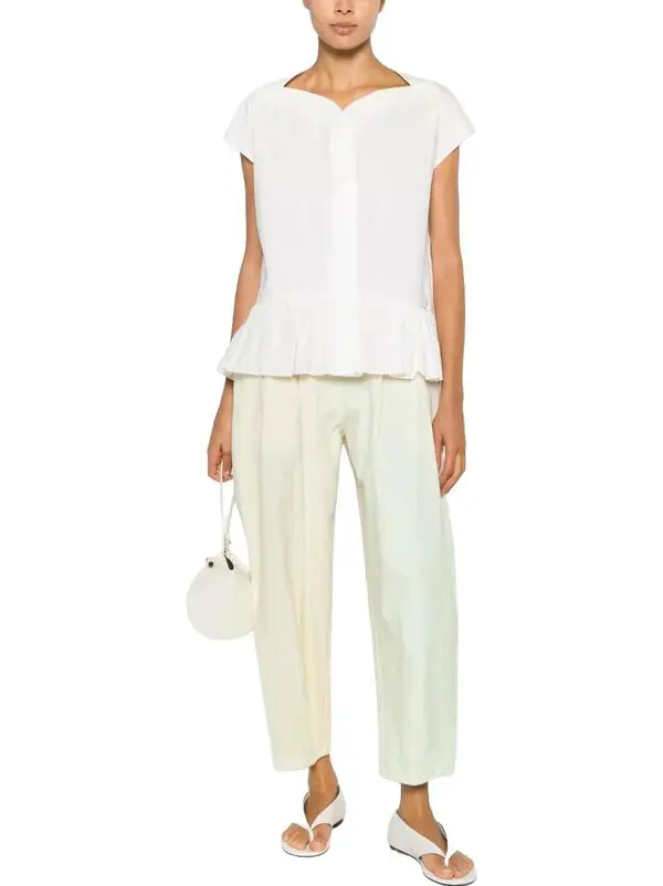 PSOPHIA V-neck Cotton Blouse With Ruffled Hem - White